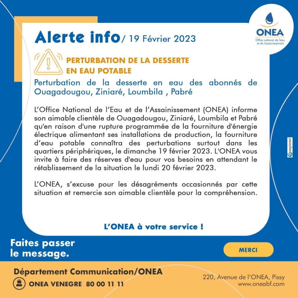 ONEA : Perturbation de la desserte en eau à Ouagadougou, Ziniaré ...