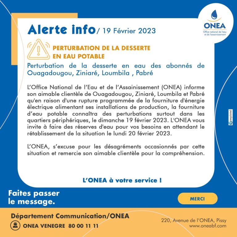 ONEA : Perturbation de la desserte en eau à Ouagadougou, Ziniaré ...