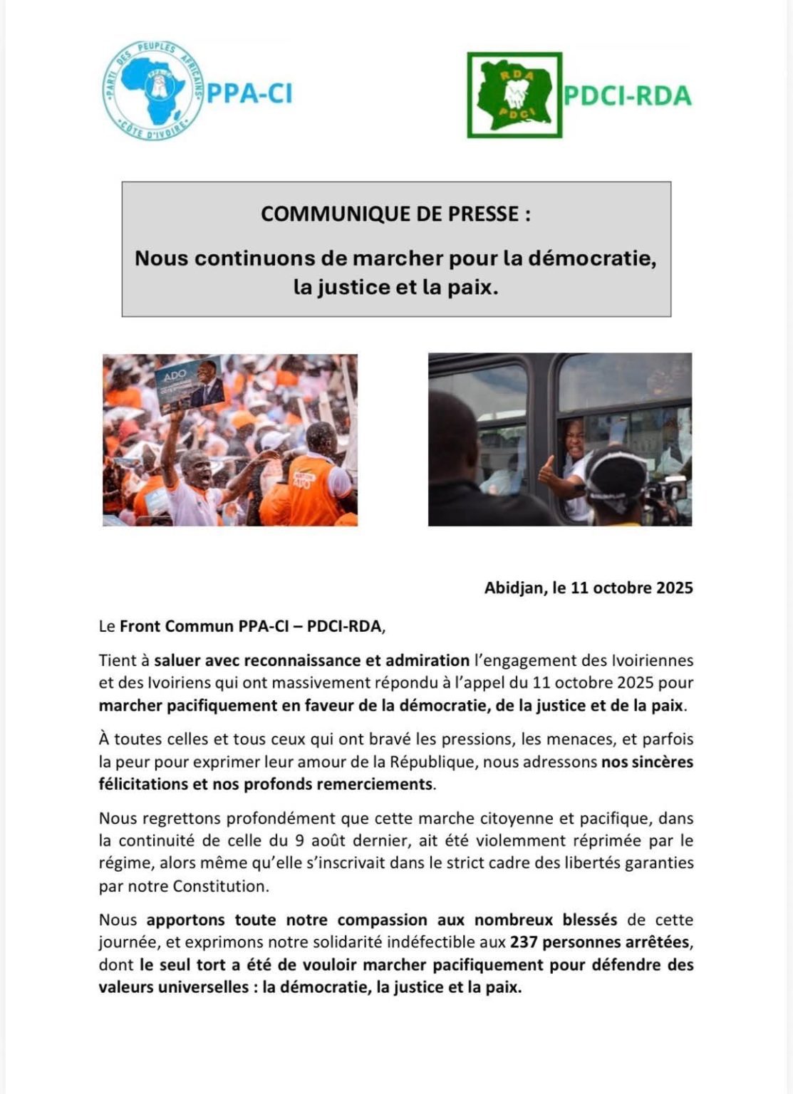 Côte d’Ivoire : Le Front Commun (PDCI – PPA-CI) et ses alliés appellent à intensifier les ...